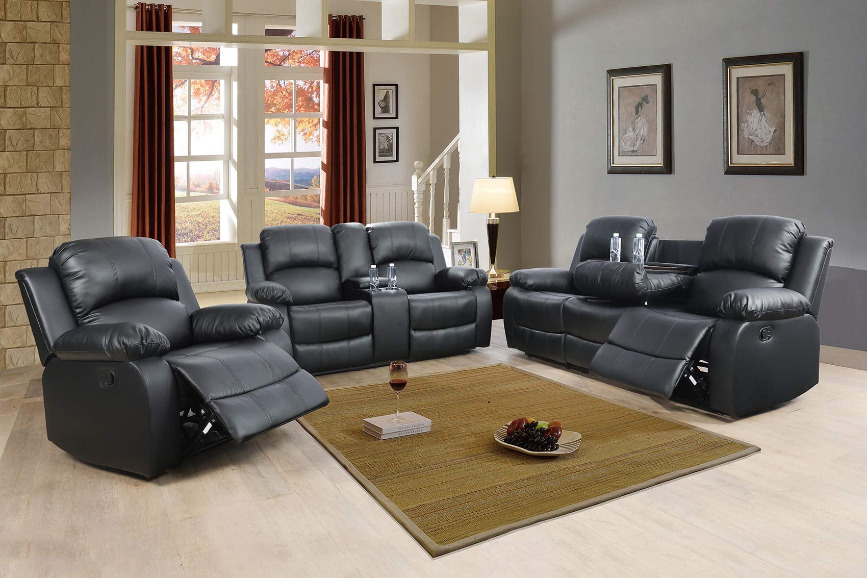 Golden Furniture 3 PCS Living Room Set, Faux Leather Recliner Sofa Set ...