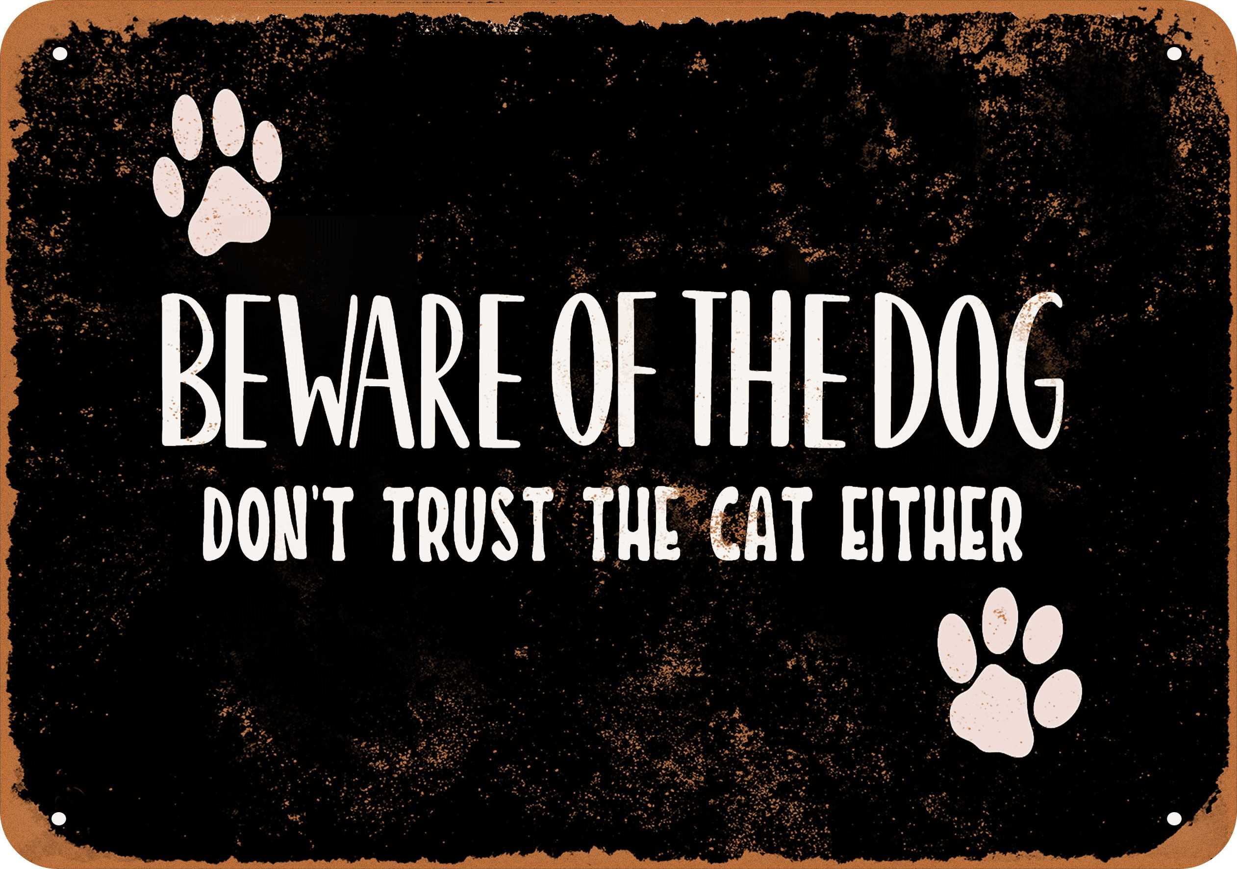 Wall Decor Beware of CAT Sign with Dog Scratched Out Vintage Style Pet ...