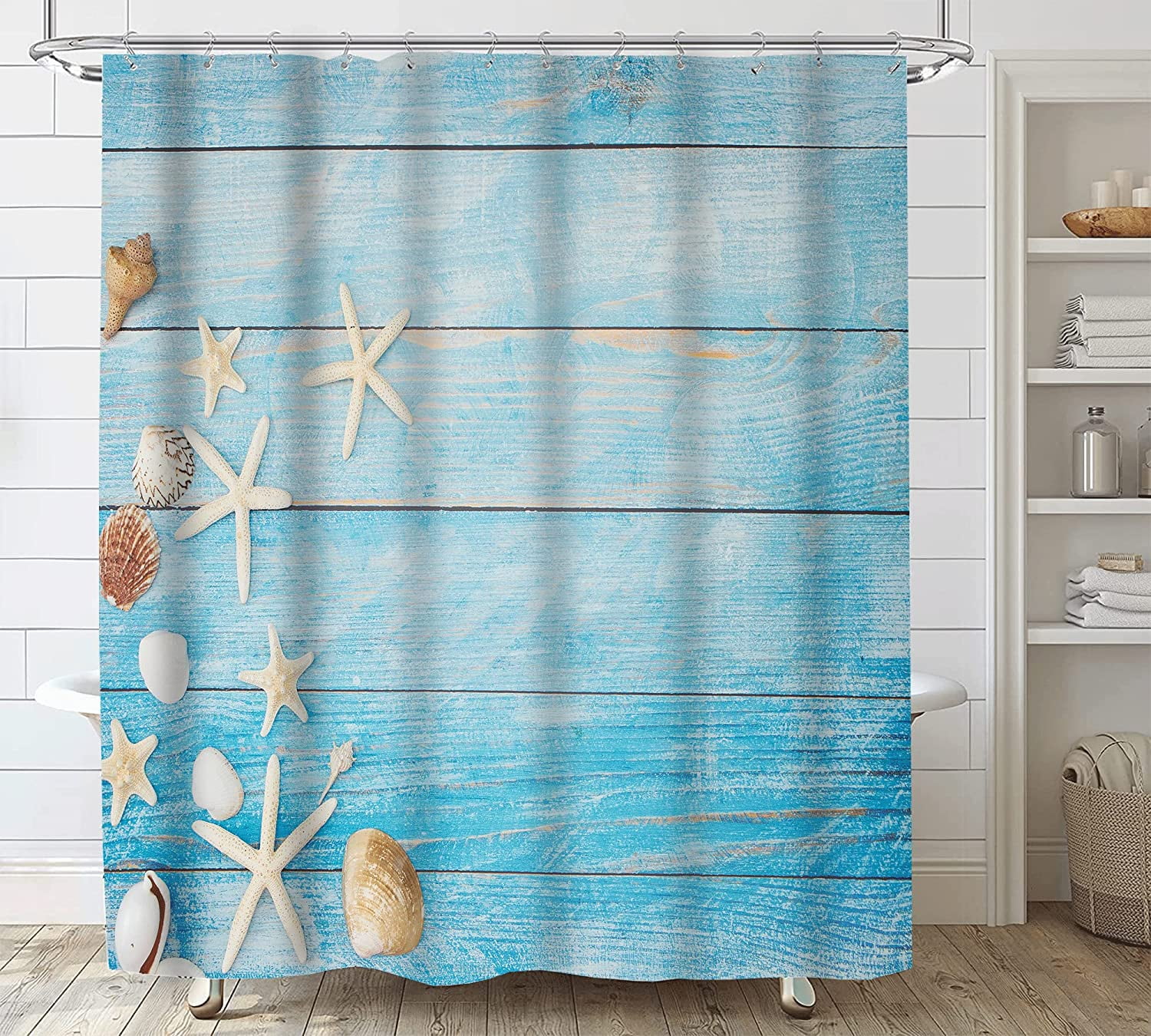 Beach Fabric Shower Curtain Rustic Wooden Blue Ocean Starfish Coastal ...