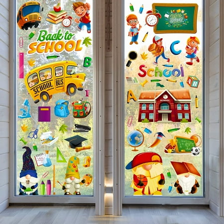 9 Sheets Back to School Window Clings,Reusable Static Gnome Window ...
