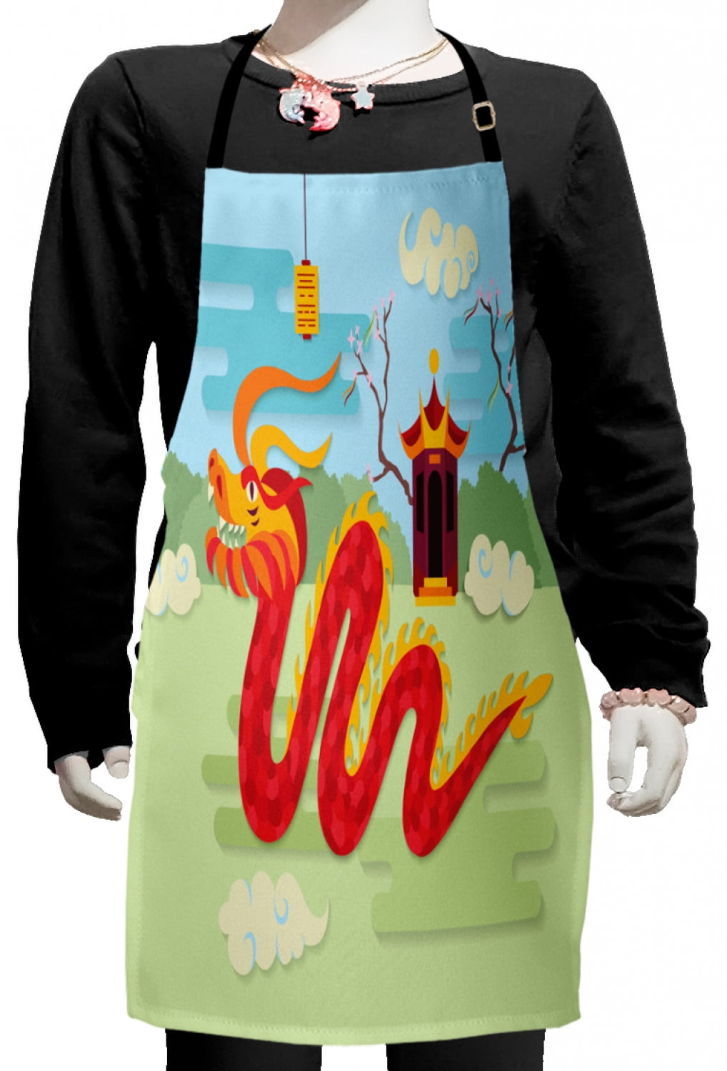 Dragon Kids Apron, Illustration of Chinese Pavilion Bushes and Grass on ...