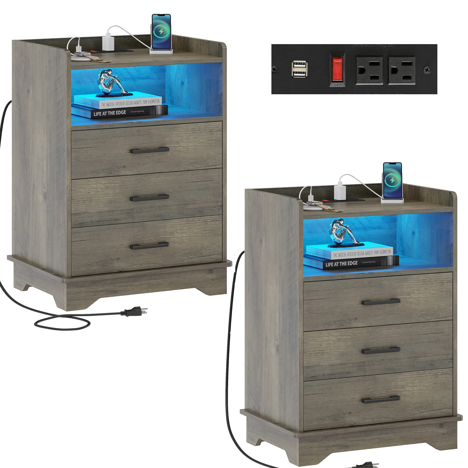 Gray LED Nightstand Set of 2 with Charging Station & 3 Drawers, Sofa ...