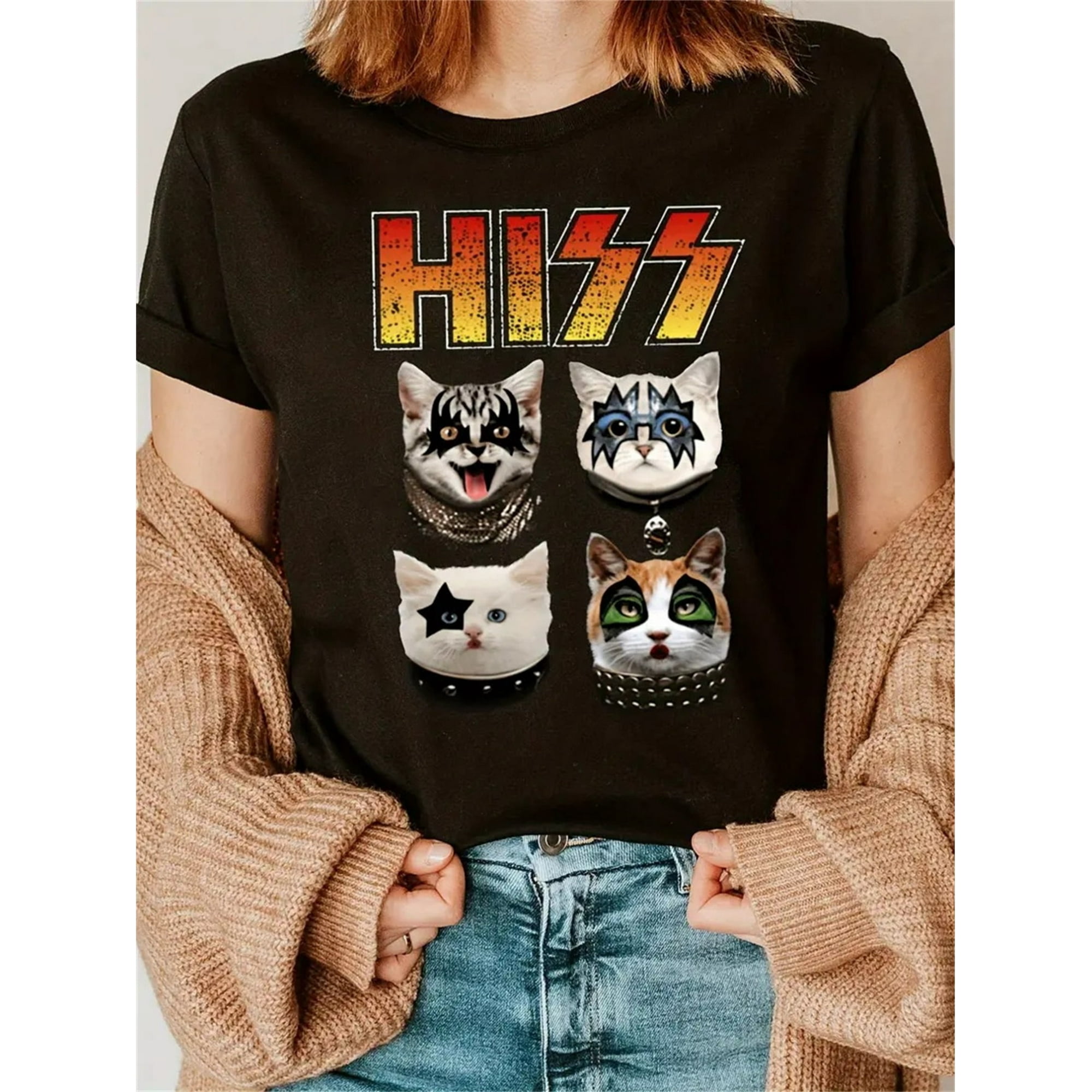 Click here for Generic Womens Rock Band T-Shirt - Kiss Cat Faces... prices