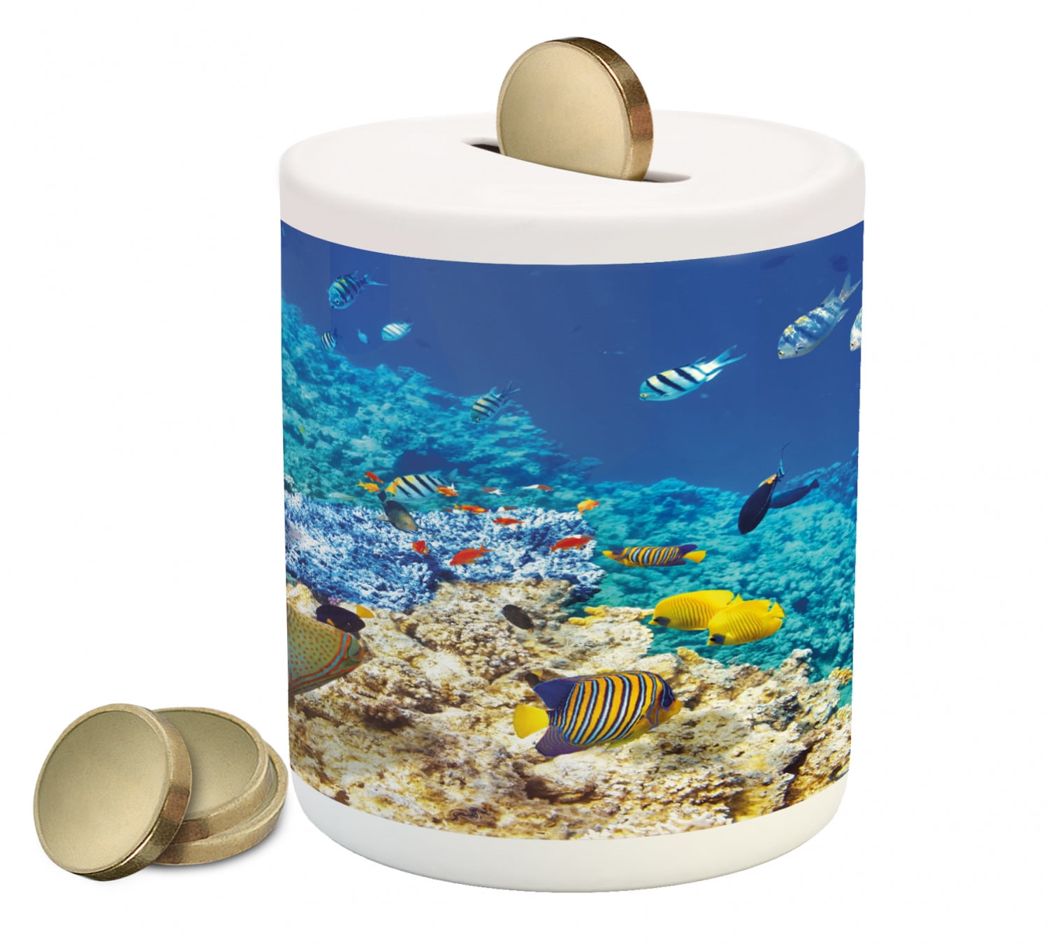 Fish Piggy Bank, Barrier Reefs Covered Sea with Lagoon and Zebrafish ...
