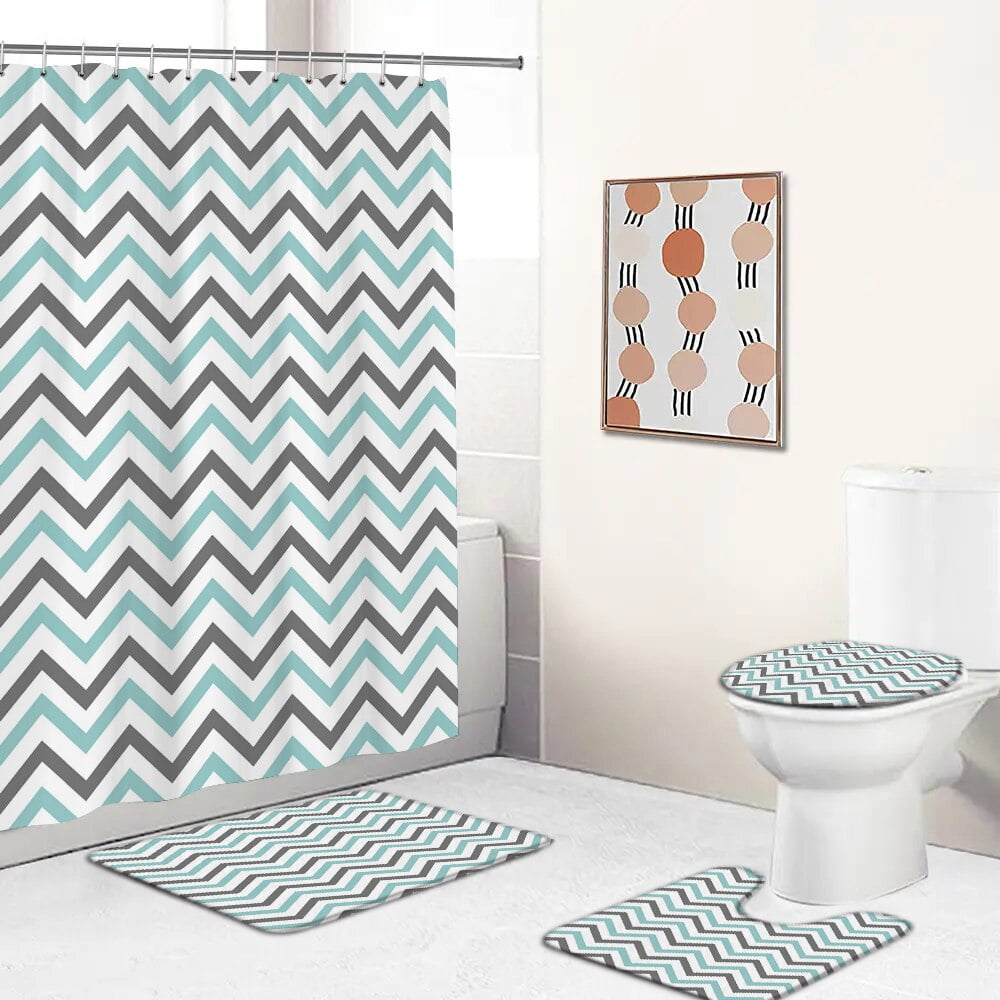 Teal Grey Aqua Blue Chevron Pattern Shower Curtain Bathroom Curtains