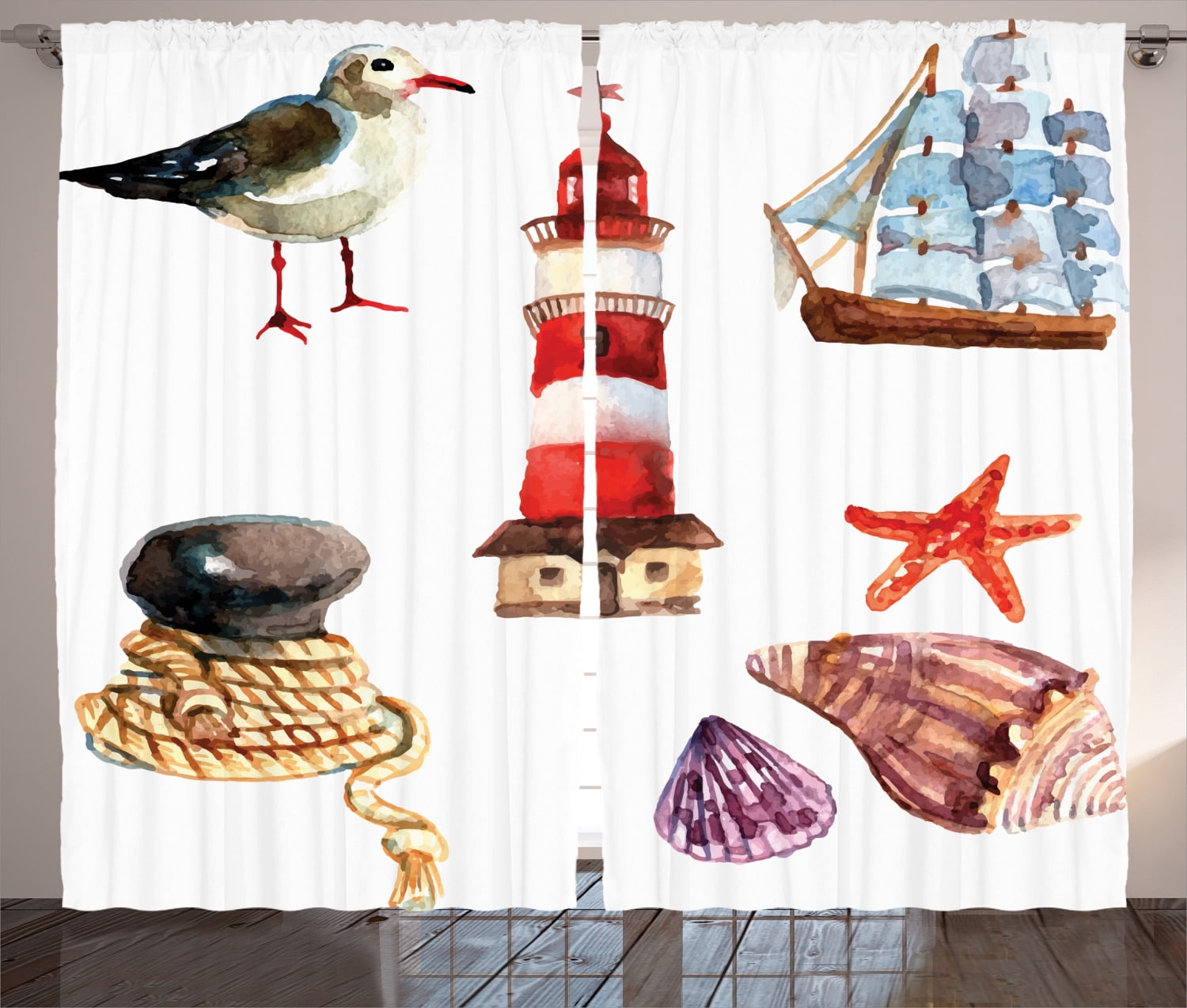 Nautical Decor Curtains 2 Panels Set, Elements Seagull Boat Lighthouse ...