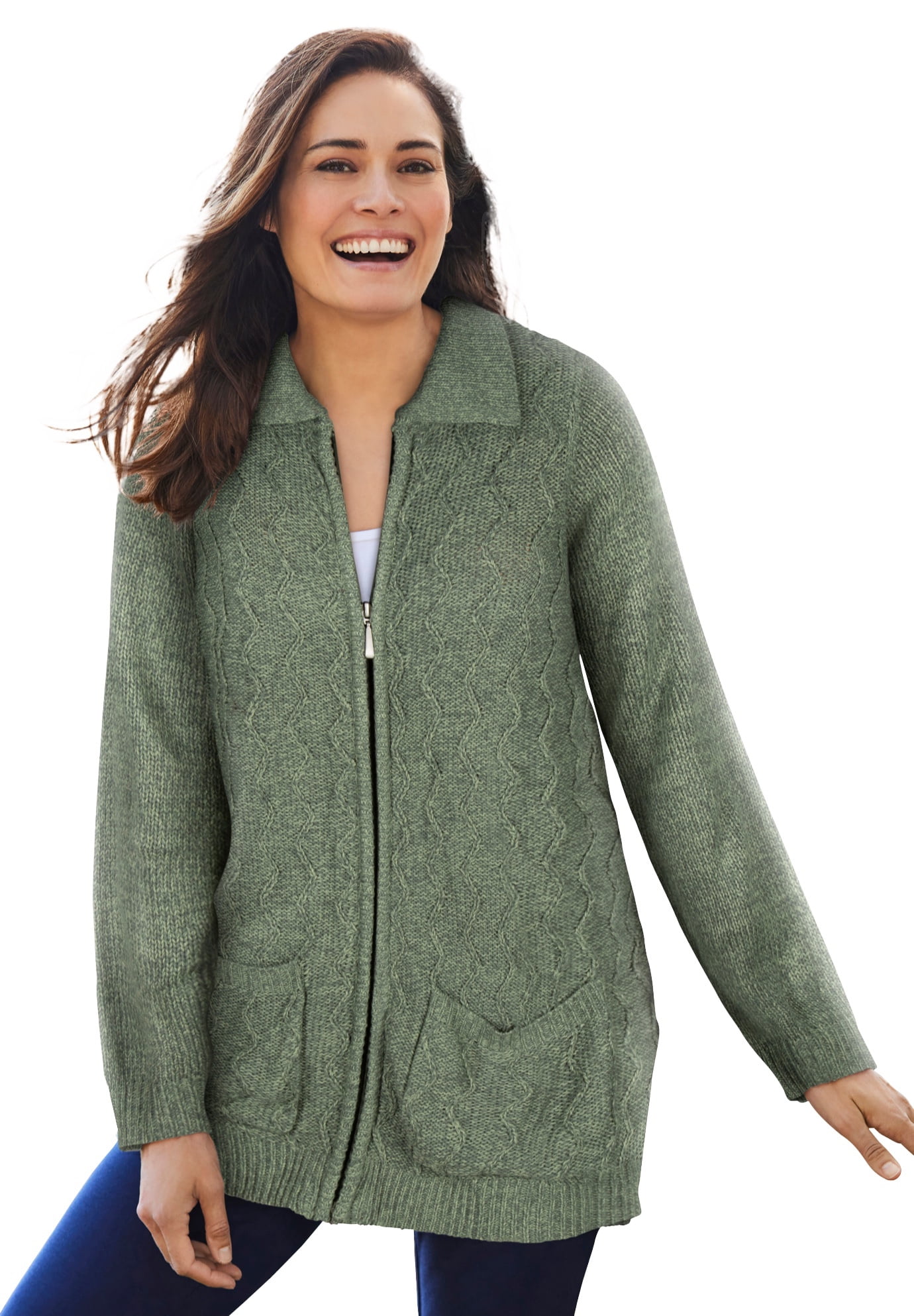 Woman Within Women's Plus Size Marled Zip-Front Cable Knit Cardigan ...