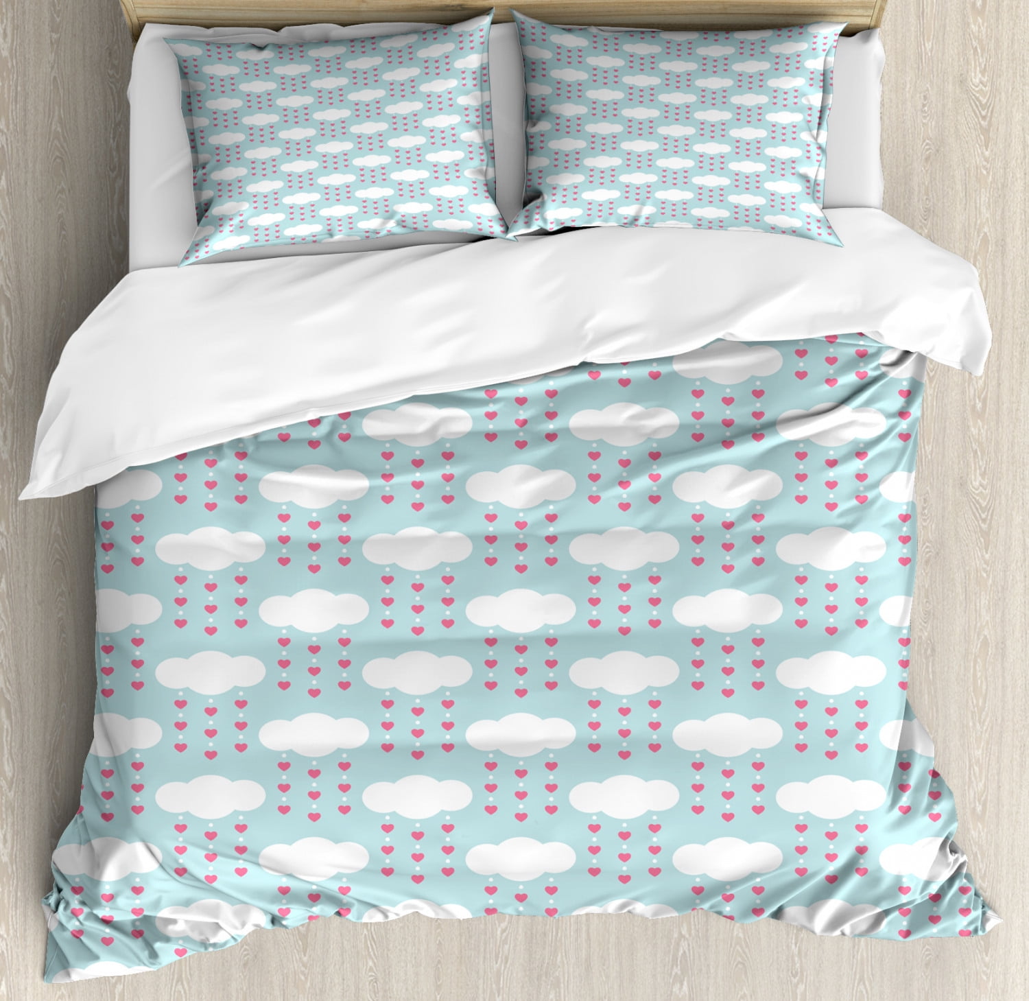 Hearts Duvet Cover Set, Pattern of Clouds with Hearts Hanging Retro ...
