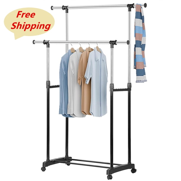 Double Rod Adjustable Garment Rack, Metal Rolling Clothing Clothes Rack ...