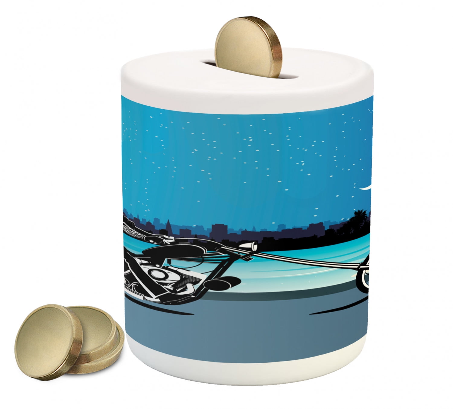 Motorcycle Piggy Bank, Art with Chopper Motorcycle Biker Riding Starry ...
