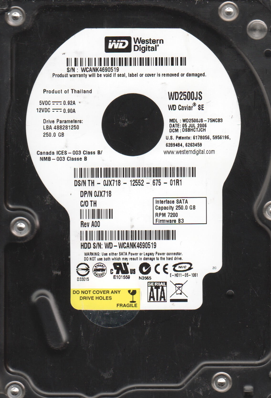WD2500JS-75NCB3, DCM DSBHCTJCH, Western Digital 250GB SATA 3.5 Hard ...