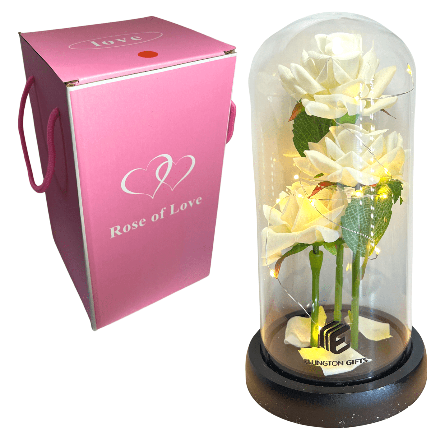 Ellington Gifts Artificial Rose Flowers in Glass Dome, LED Light, White ...
