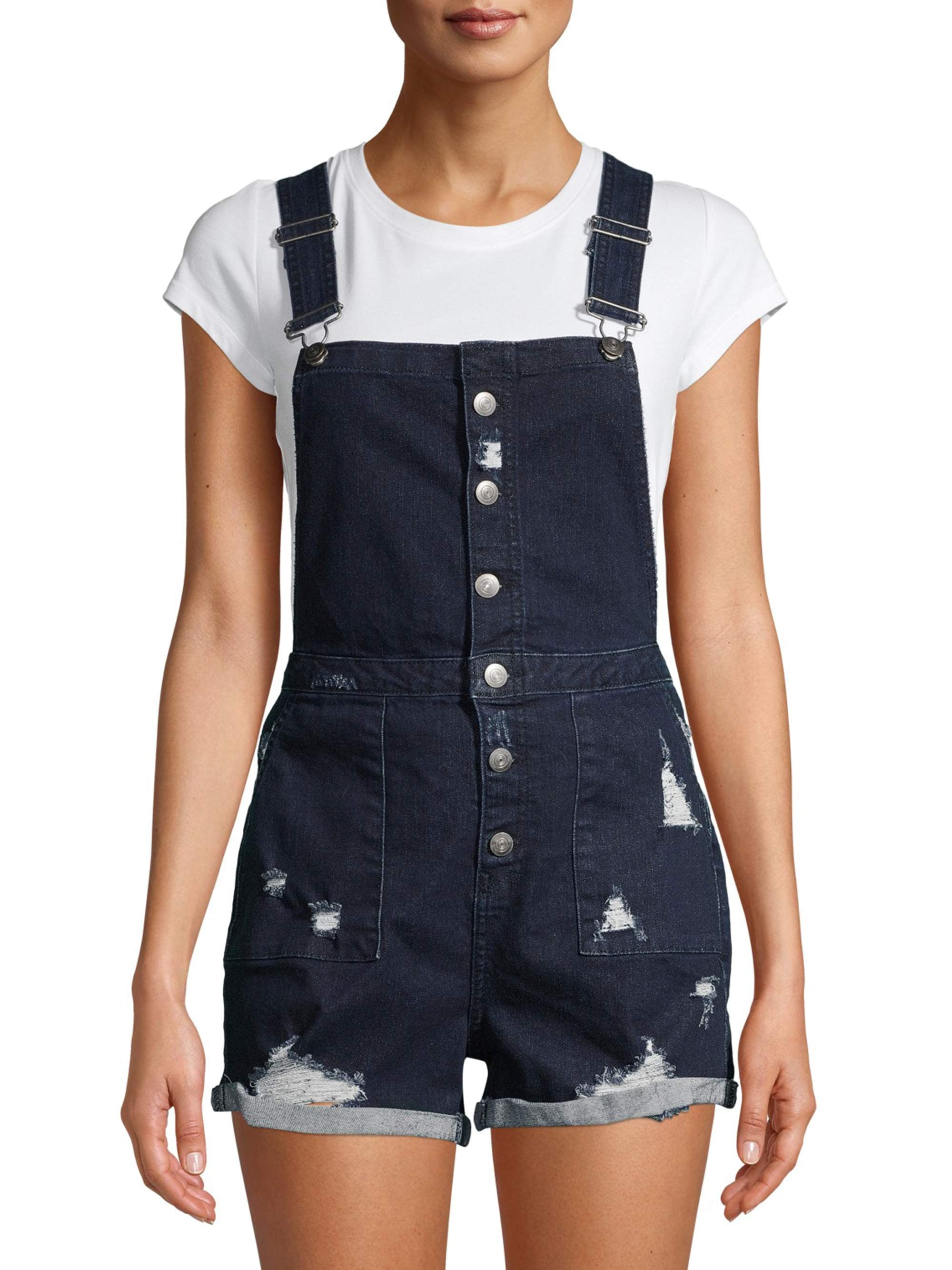 No Boundaries Juniors' REPREVE Button-Front Destructed Shortalls ...