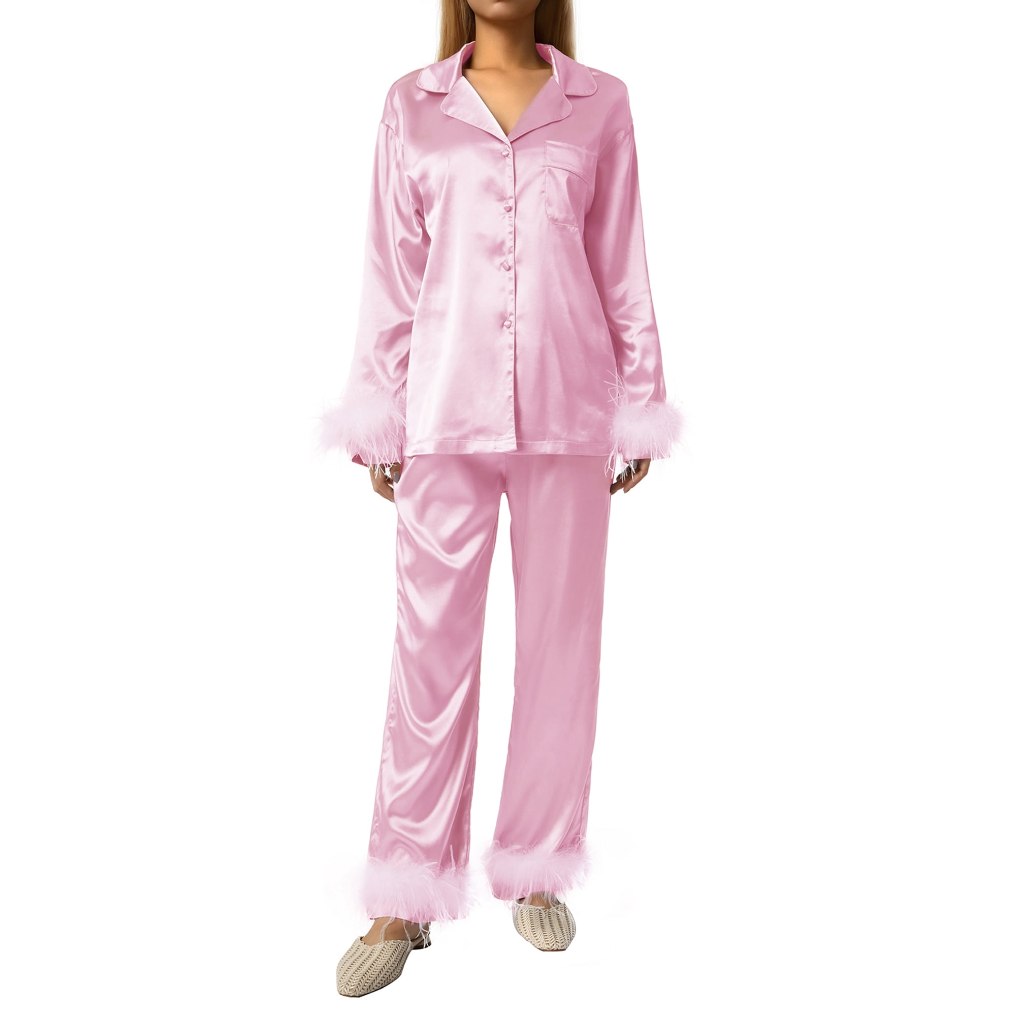 Click here for Fortune Women Pajamas Set  Feather Trim Long Sleev... prices