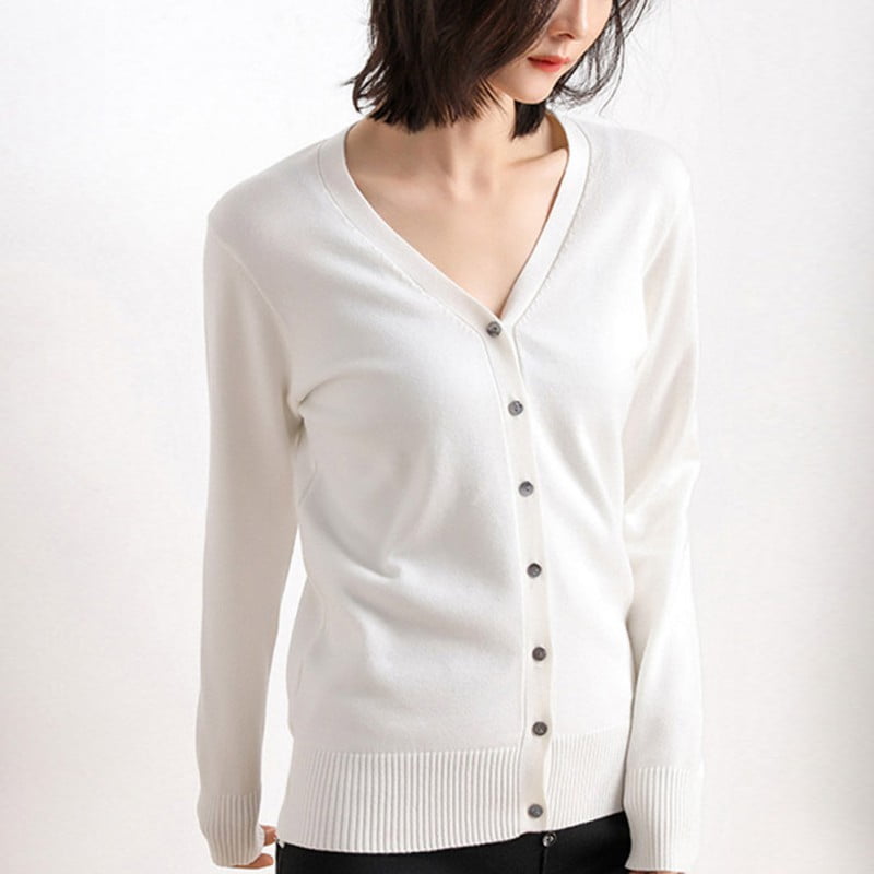 Knit cardigan women's thin knit jacket long sleeve solid color V-neck ...