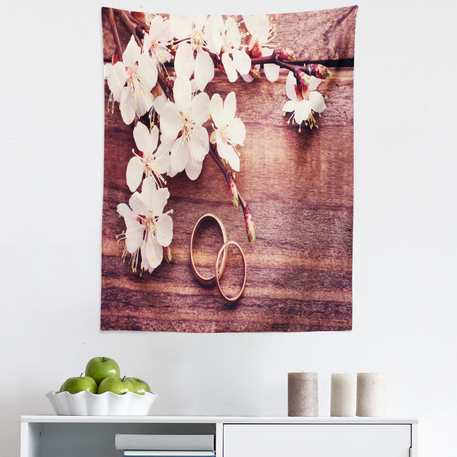 Rustic Tapestry, Celebration Flowering Branch Delicate Rings on Wooden ...