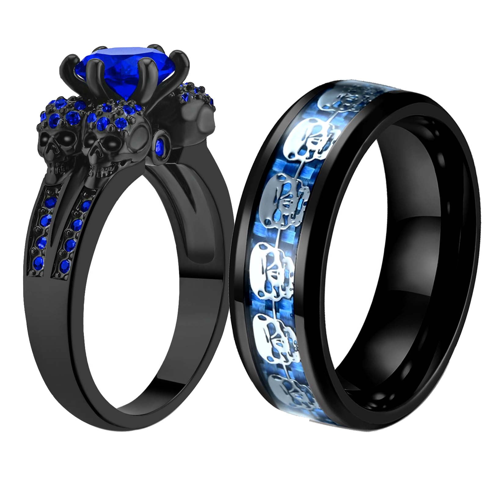 Punk Skull Rings Black Matching Rings Couple Rings Blue Cz Wedding Ring ...