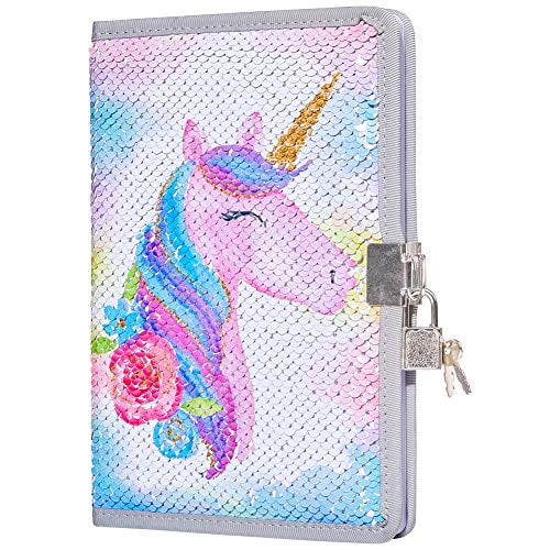 MHJY Sequin Unicorn Journal Secret Diary with Lock,Reversible Mermaid ...