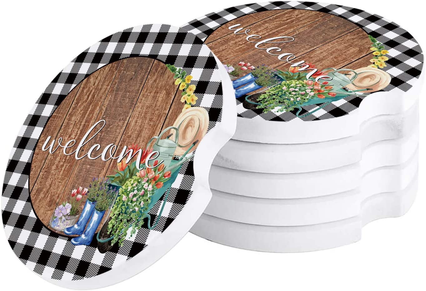 FMSHPON Spring Flowers and Kettle Wooden Grain Black Plaid Set of 2 Car ...