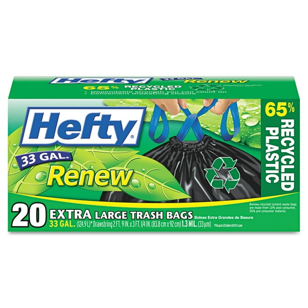 Hefty Renew Recycled Kitchen & Trash Bags, 33gal, 1.1mil, 24 x 27 1/4 ...