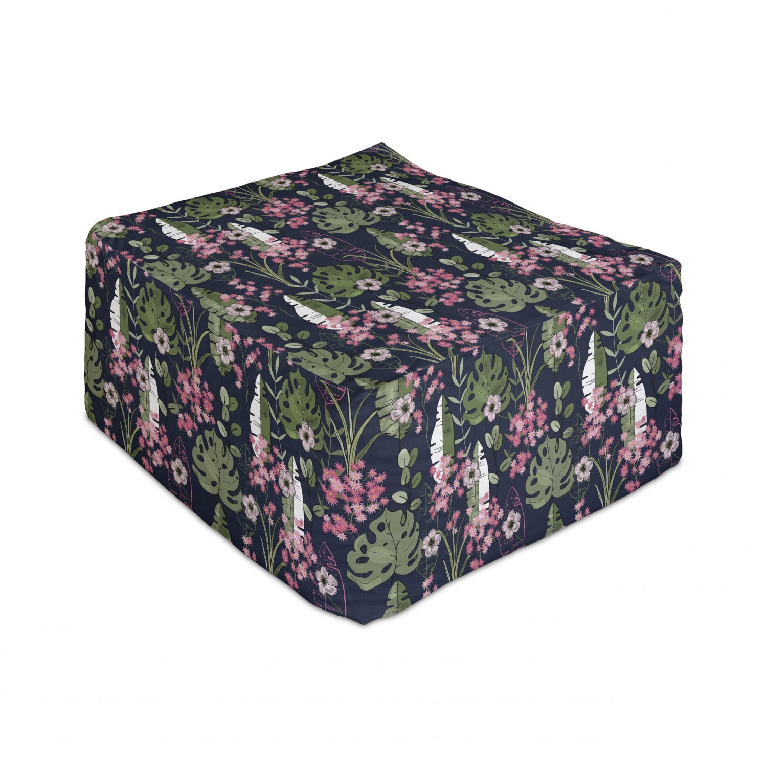 Hawaii Rectangle Pouf, Tropical Art Exotic Tree Leaves and Flowers ...