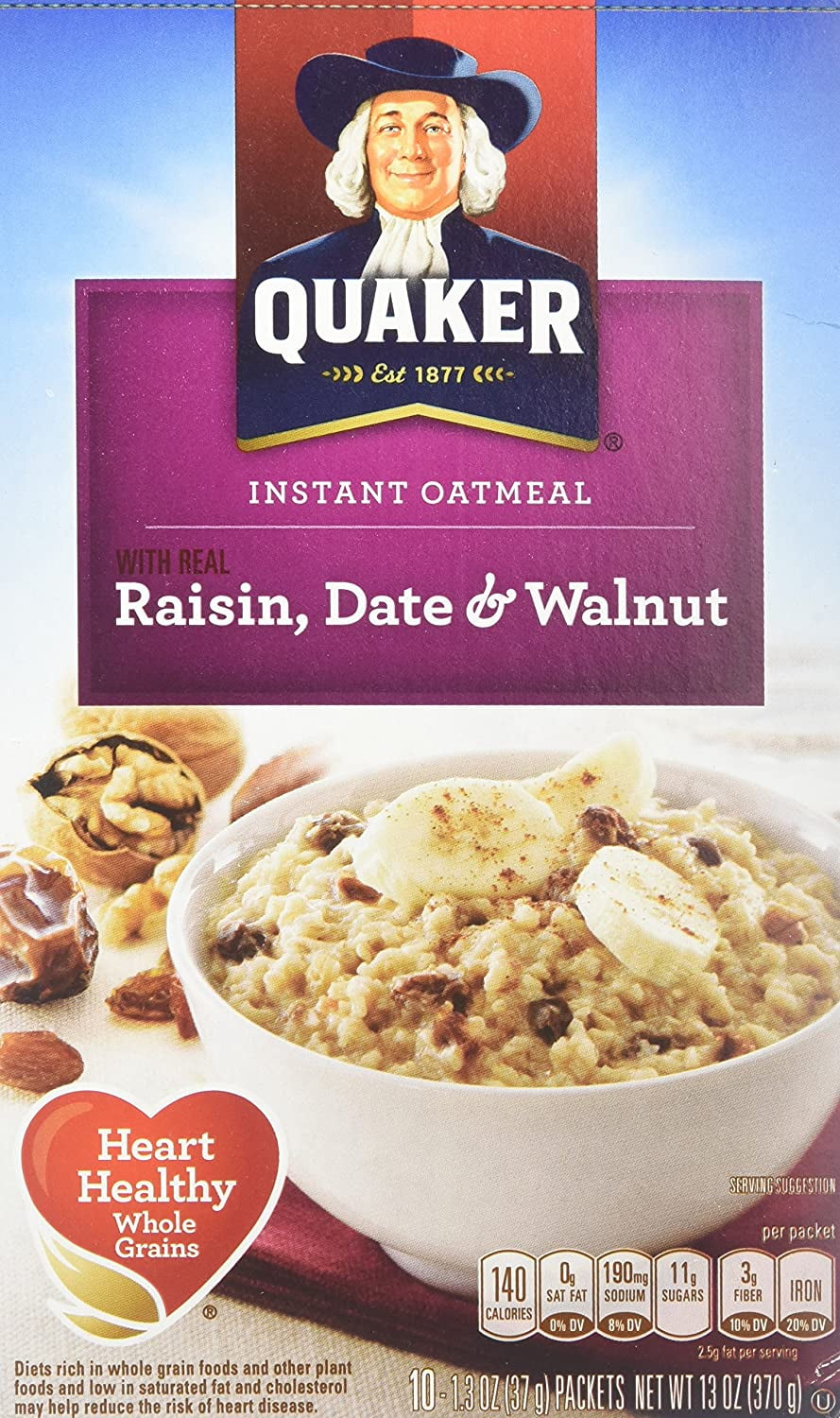Quaker Instant Oatmeal Raisin, Date & Walnut, 10-count Boxes (Pack of 2 ...