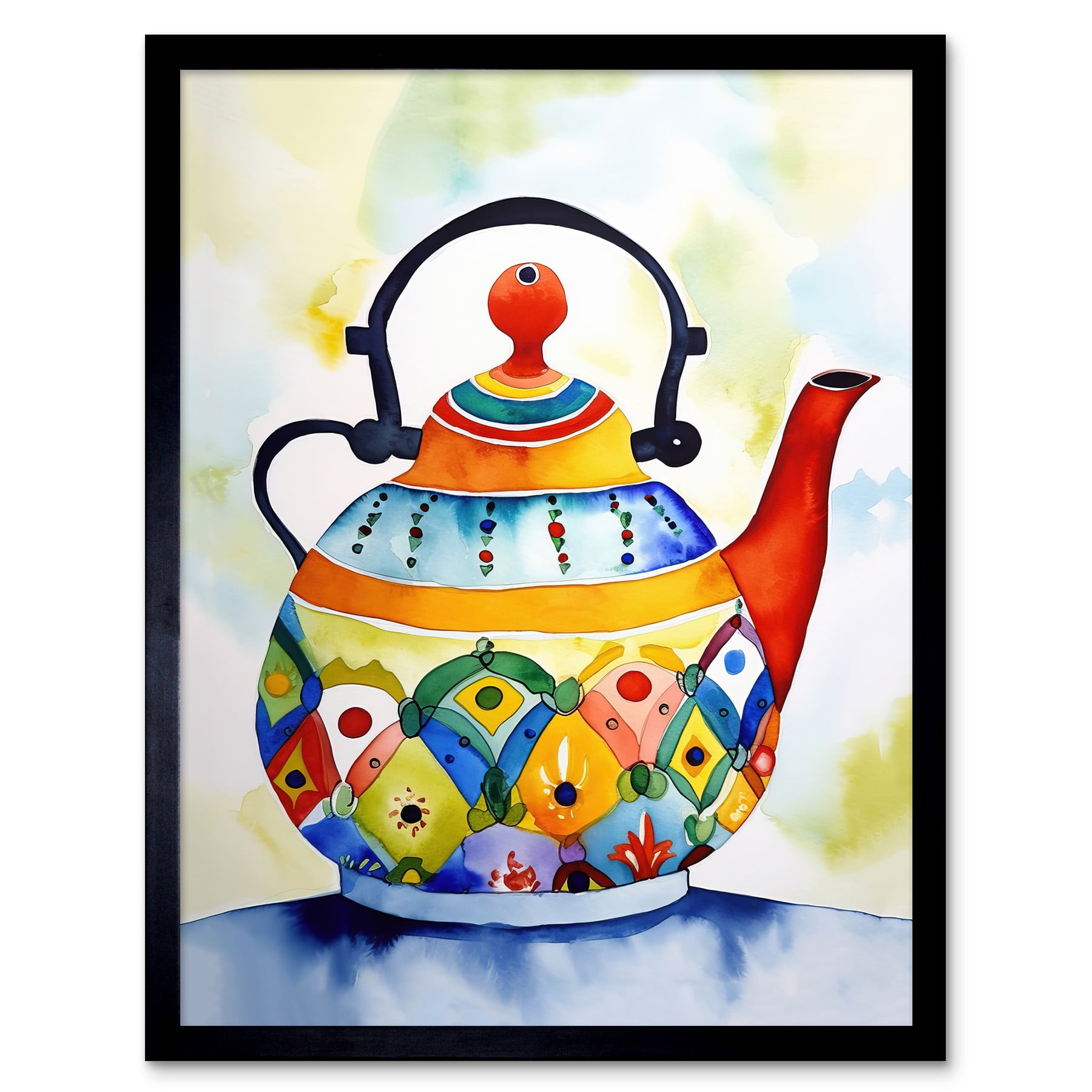 Enamelled Patterned Teapot Tea Kettle Folk Art Watercolour Painting Art ...