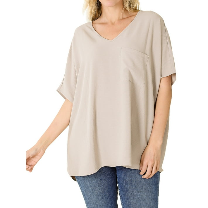 Zenana Women And Plus V Neck Woven Airflow Dolman Short Sleeve Blouse Top