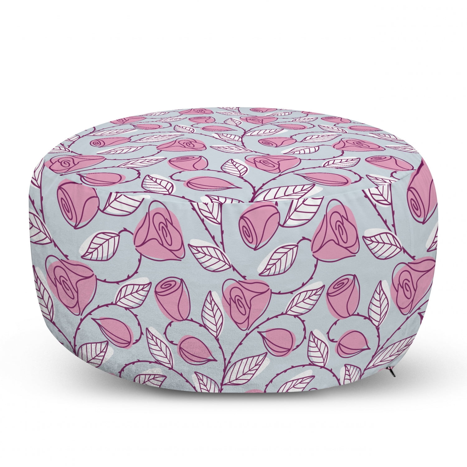 Leaves Pouf Cover with Zipper, Rhythmic Pastel Tone Rose Flowers Sketch ...
