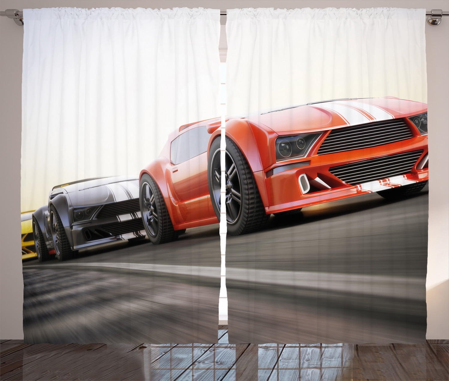Cars Decor Curtains 2 Panels Set, Sports Car Competing on the Highway ...