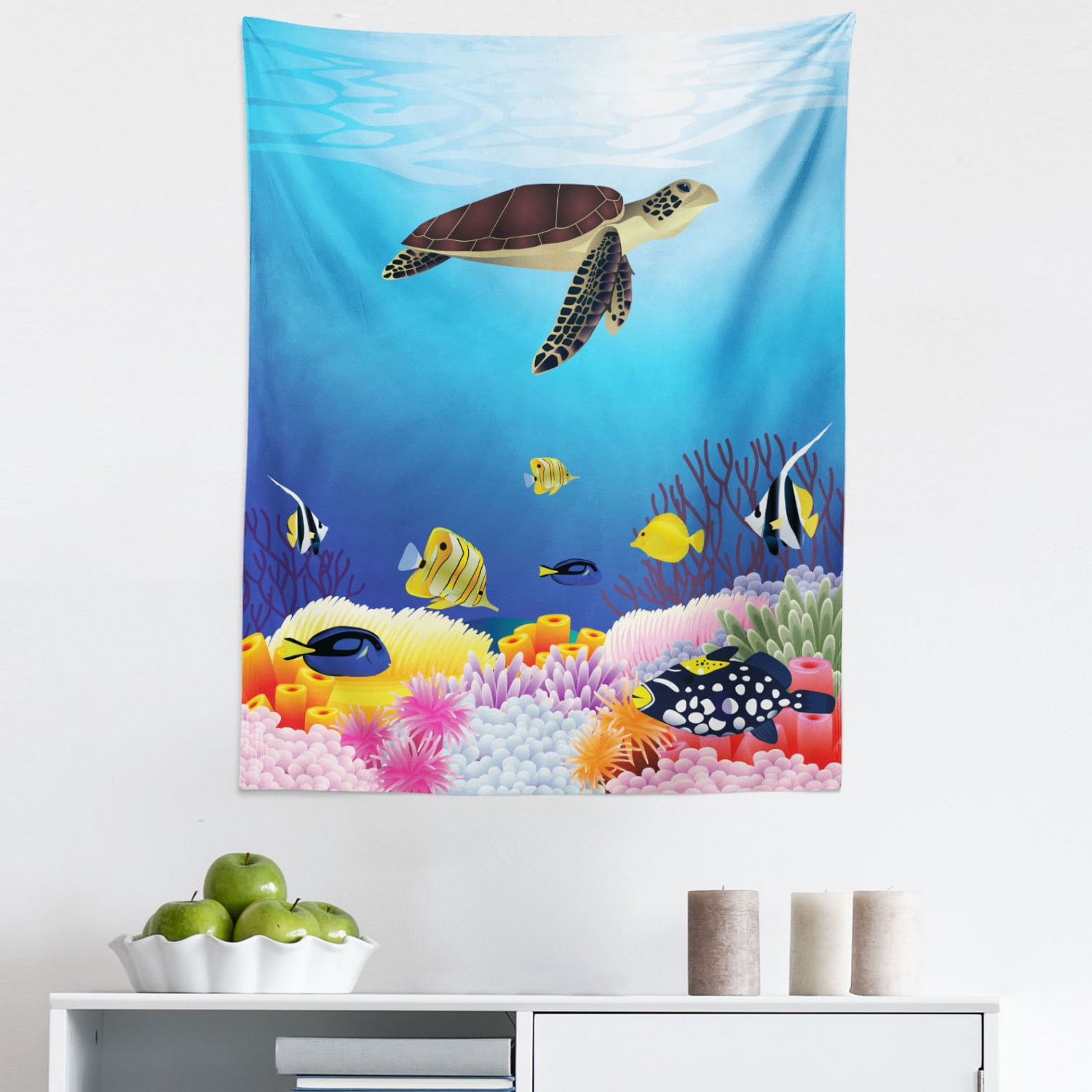 Turtle Tapestry, Aquatic Fauna Life Under the Sea Corals Exotic Thorn ...