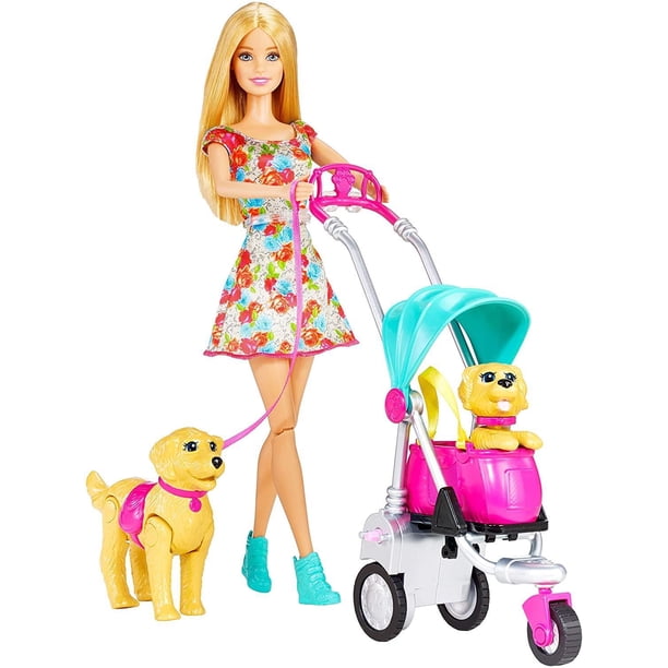 Barbie Strollin Pups Playset Muñeca interactiva Cochecito de perro ...