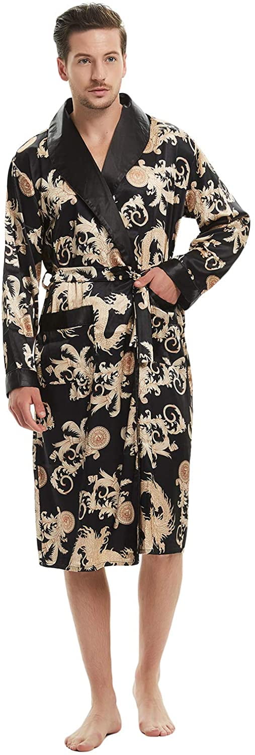 Haseil Men's Satin Robe Dragon Luxurious Silk Spa Long Sleeve House ...