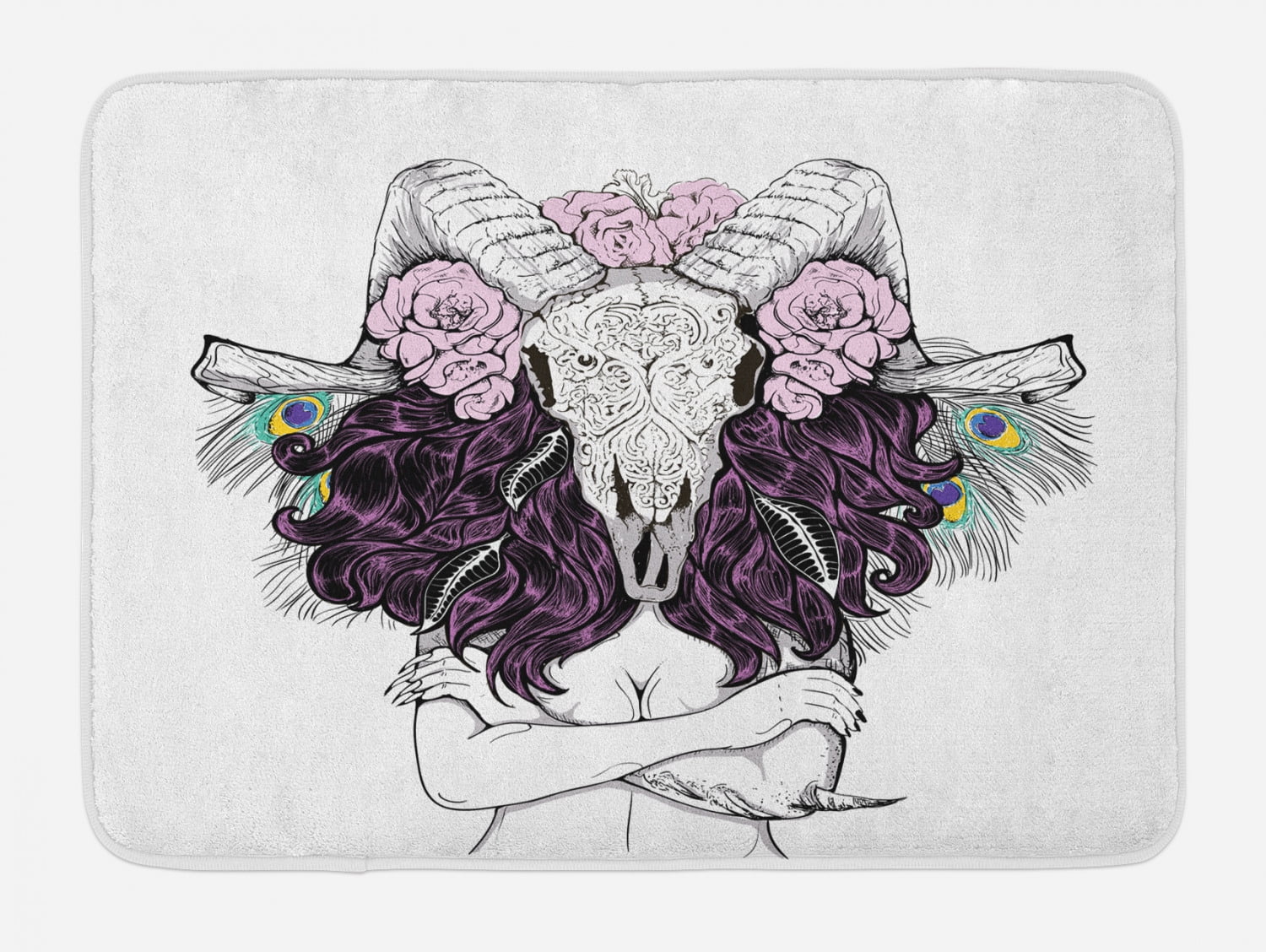 Skull Bath Mat, Tribal Lady Figure with Horned Goat Head and Peacock ...