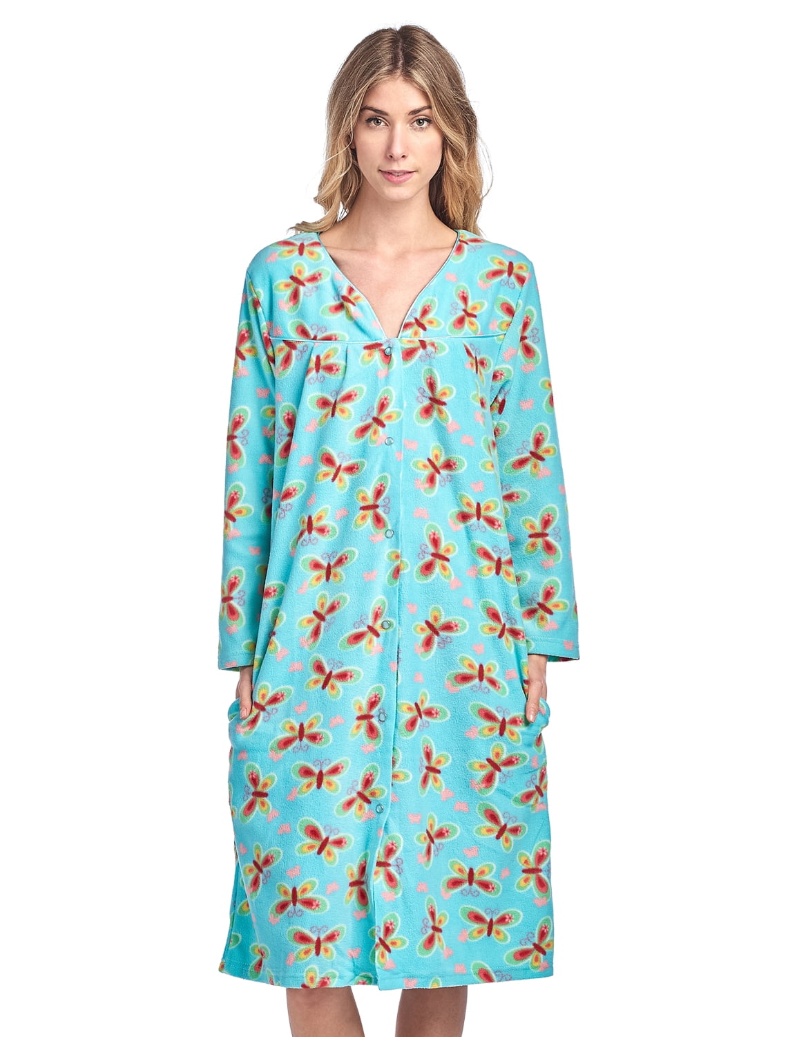 Casual Nights Women's Printed Fleece Snap-Front Lounger House Dress ...