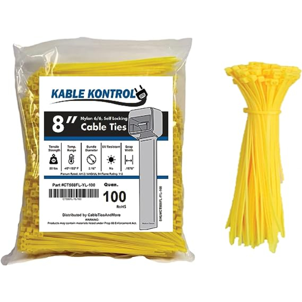 Kable Kontrol Zip Ties - 8" Long - 100 Pc Pk - Fluorescent Yellow color - Nylon - 50 Lbs Tensile ...