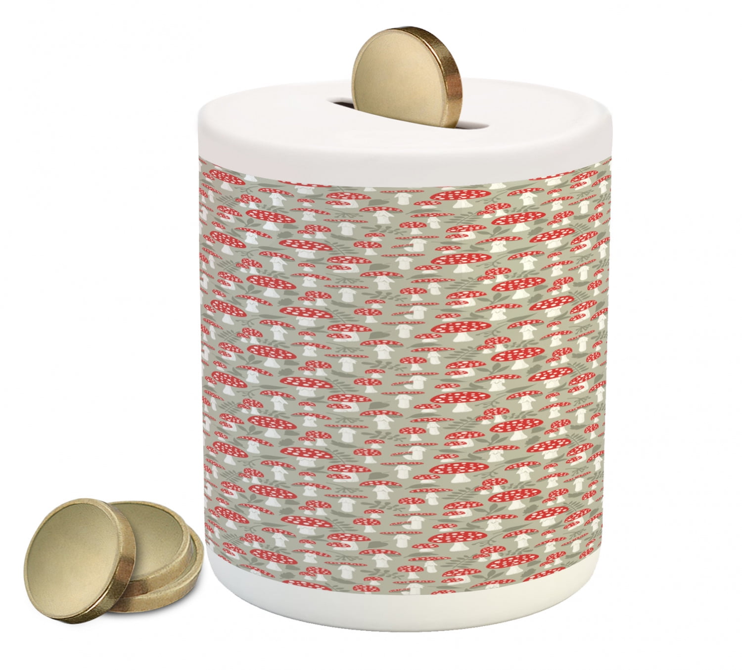Cartoon Piggy Bank, Poisonous Amanita Mushroom Pattern with Foliage and ...