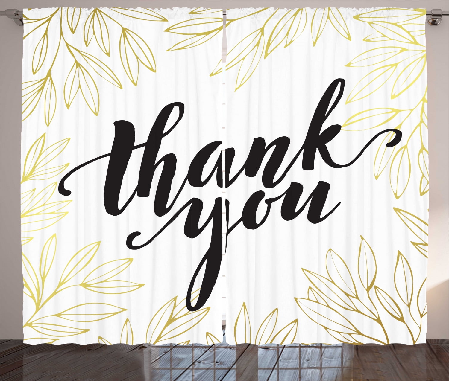 Thank You Curtains 2 Panels Set, Details with Floral Frame Style Golden ...