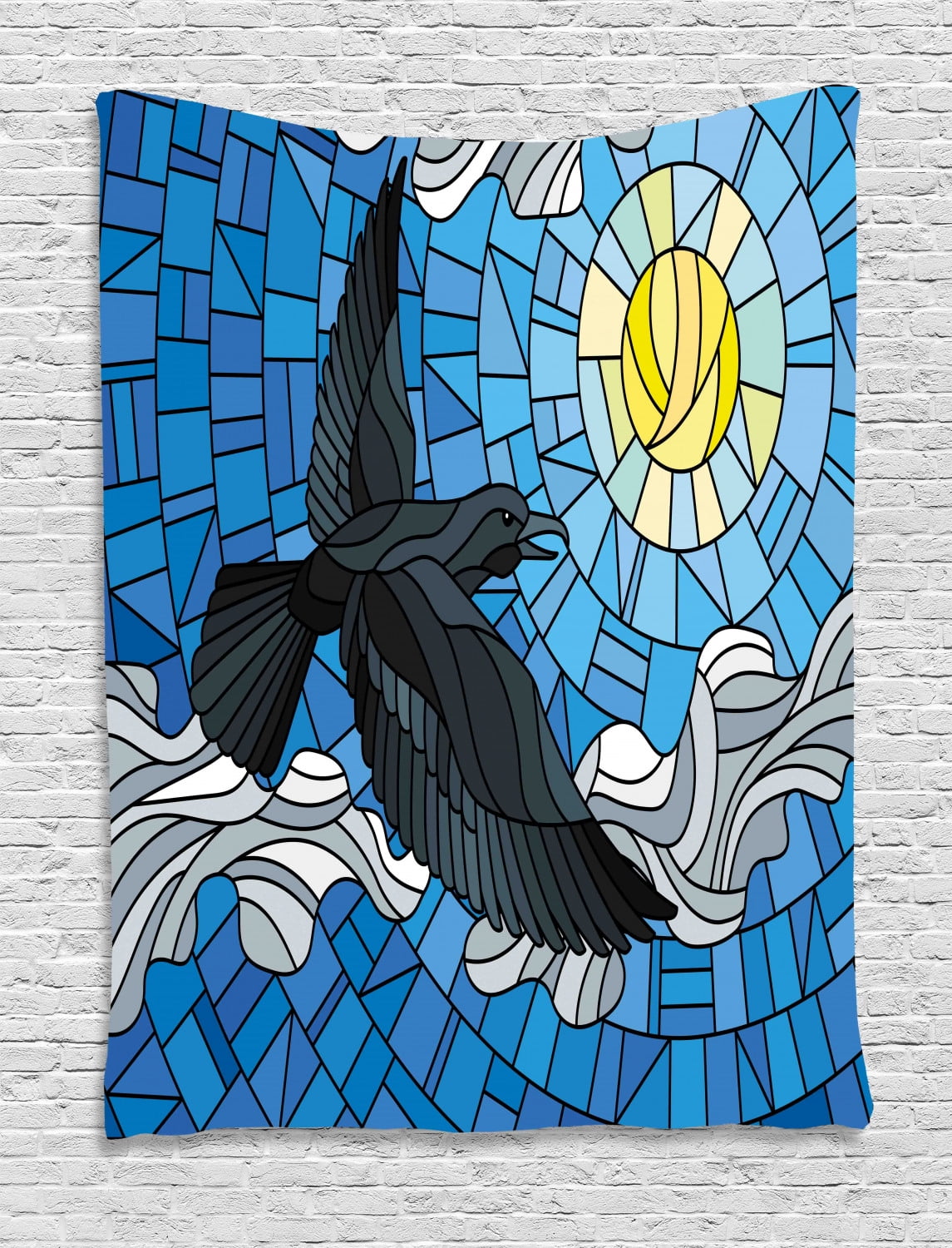Black Crow Tapestry, Stained Glass Style Illustration of Bird Flying in ...