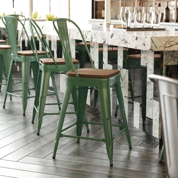 BizChair Commercial Grade 24" High Green Metal Indoor-Outdoor Counter ...