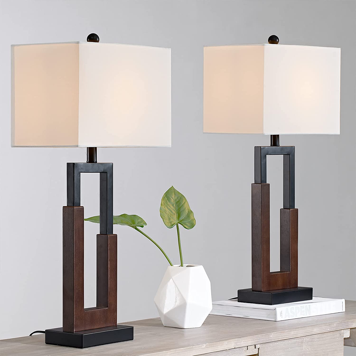 Maxax Table Lamp Set of 2 with USB & Type-C Port, 3-Way Dimmable Wood ...
