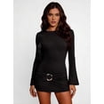 Black Ruched Mini Dress With Gold-Tone Buckle Detail, Long Sleeve, Boat ...