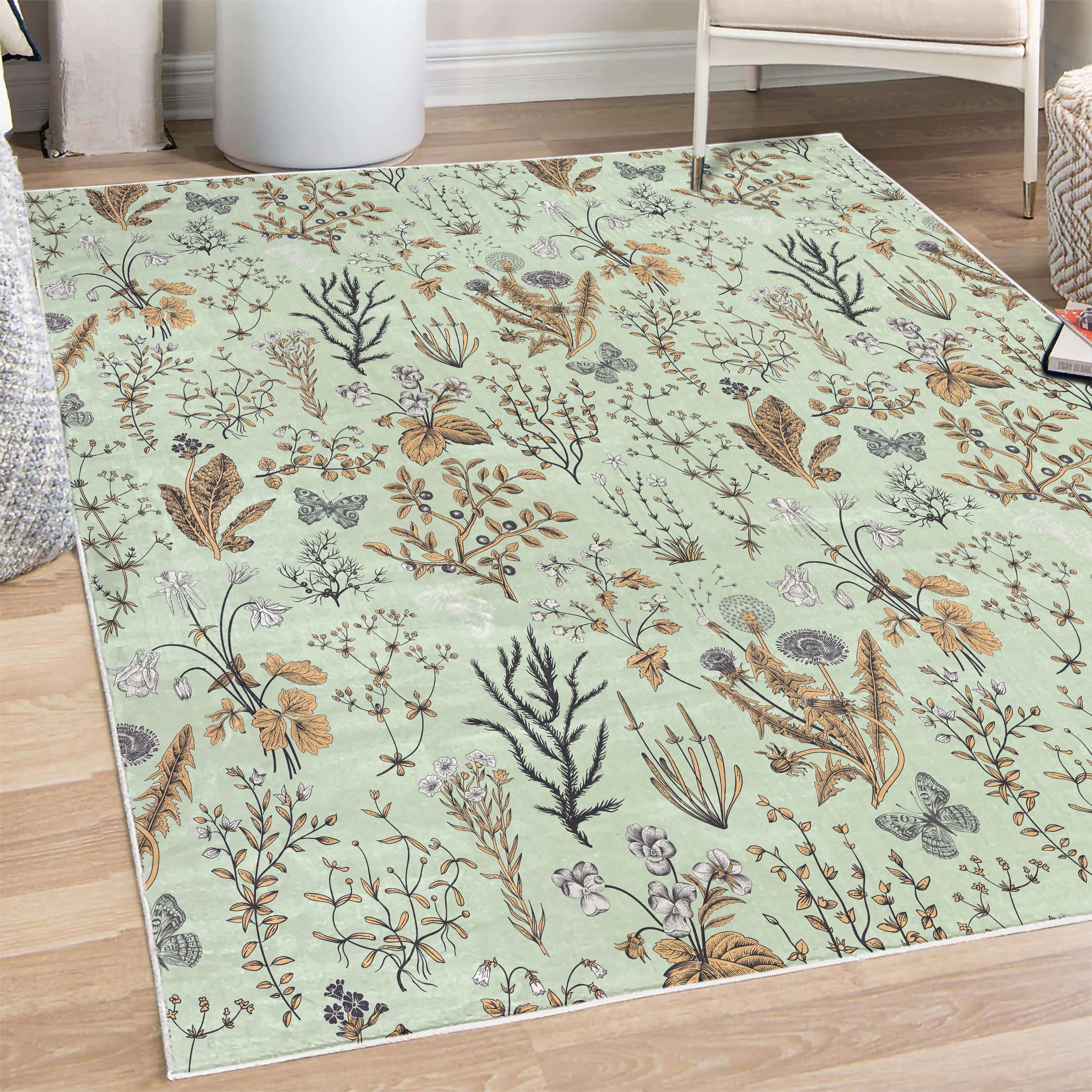 Floral Decorative Rug, Vintage Garden Plants Herbs Flowers Botanical ...