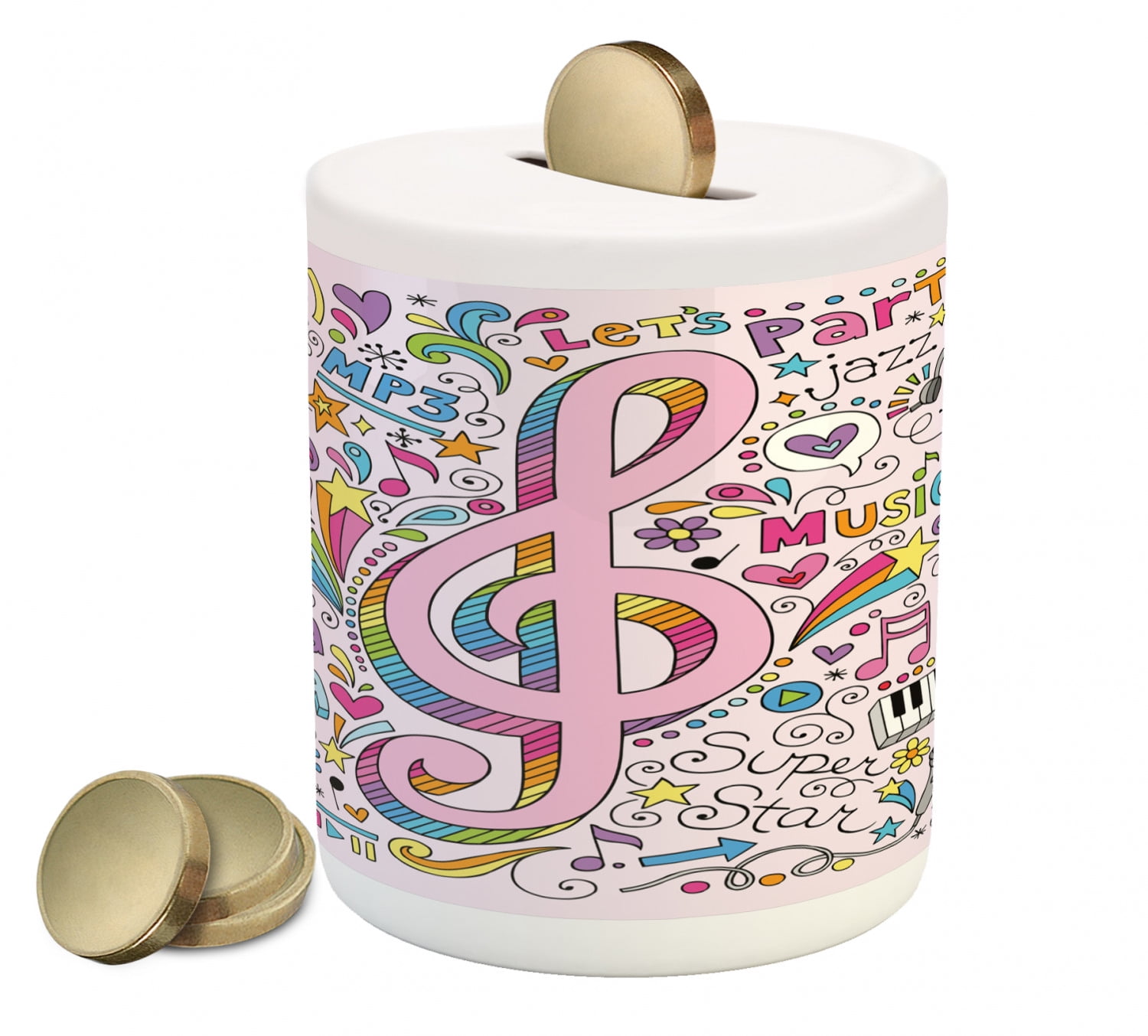 70s Party Piggy Bank, Music Clef Groovy Psychedelic Doodles Hand Drawn ...