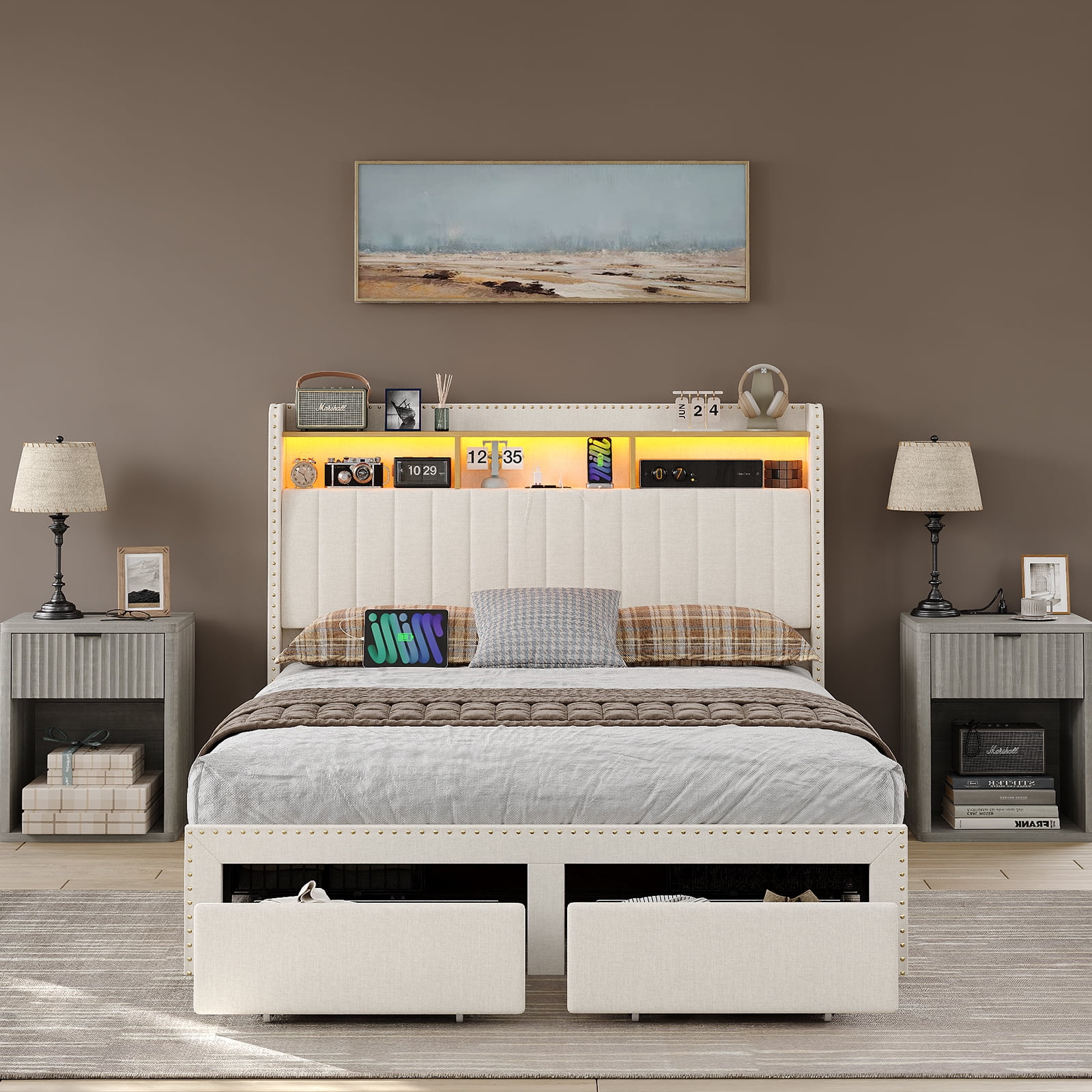 Click here for Fusou Queen Size Bed Frame With Led Light And Char... prices