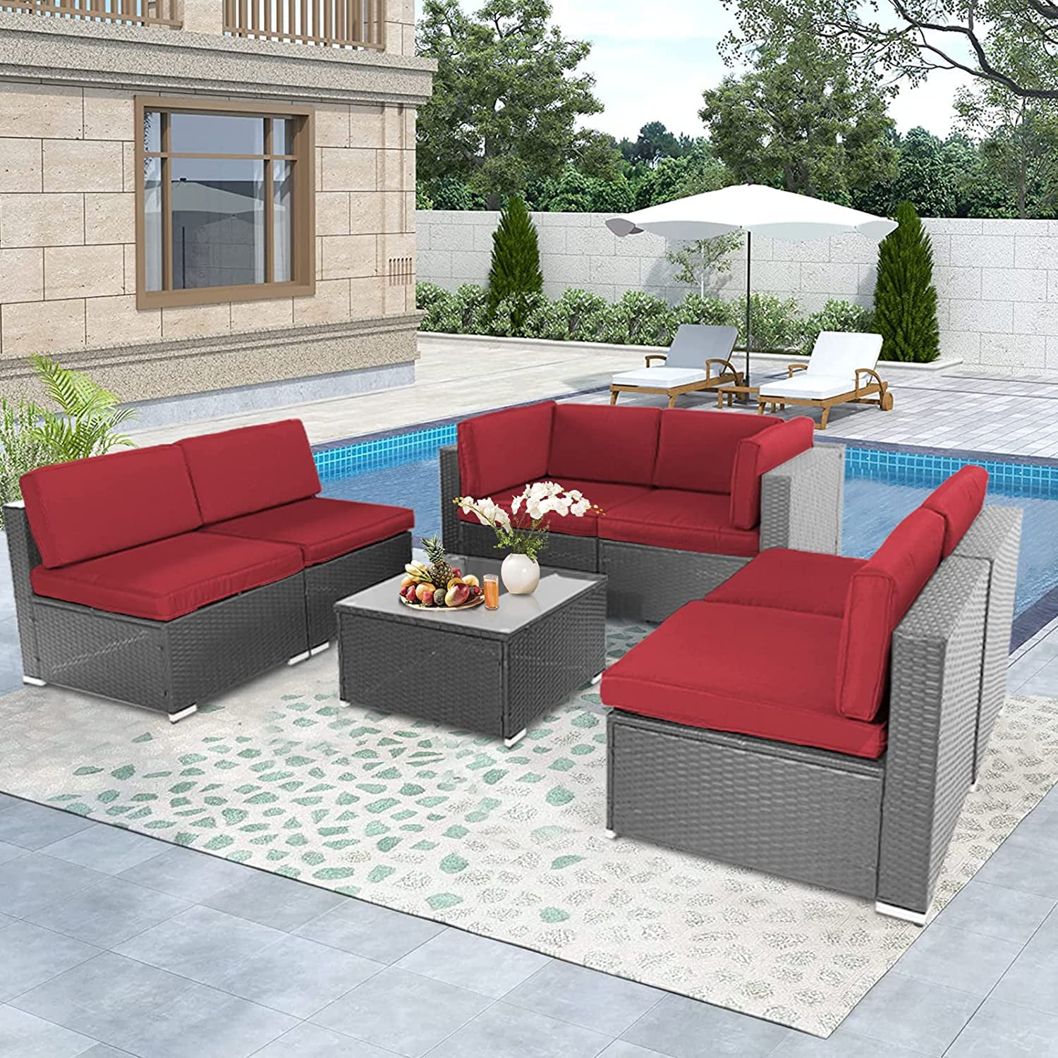 SOLAURA 7-Piece Patio Furniture Outdoor Gray Wicker Sectional Sofa Set ...