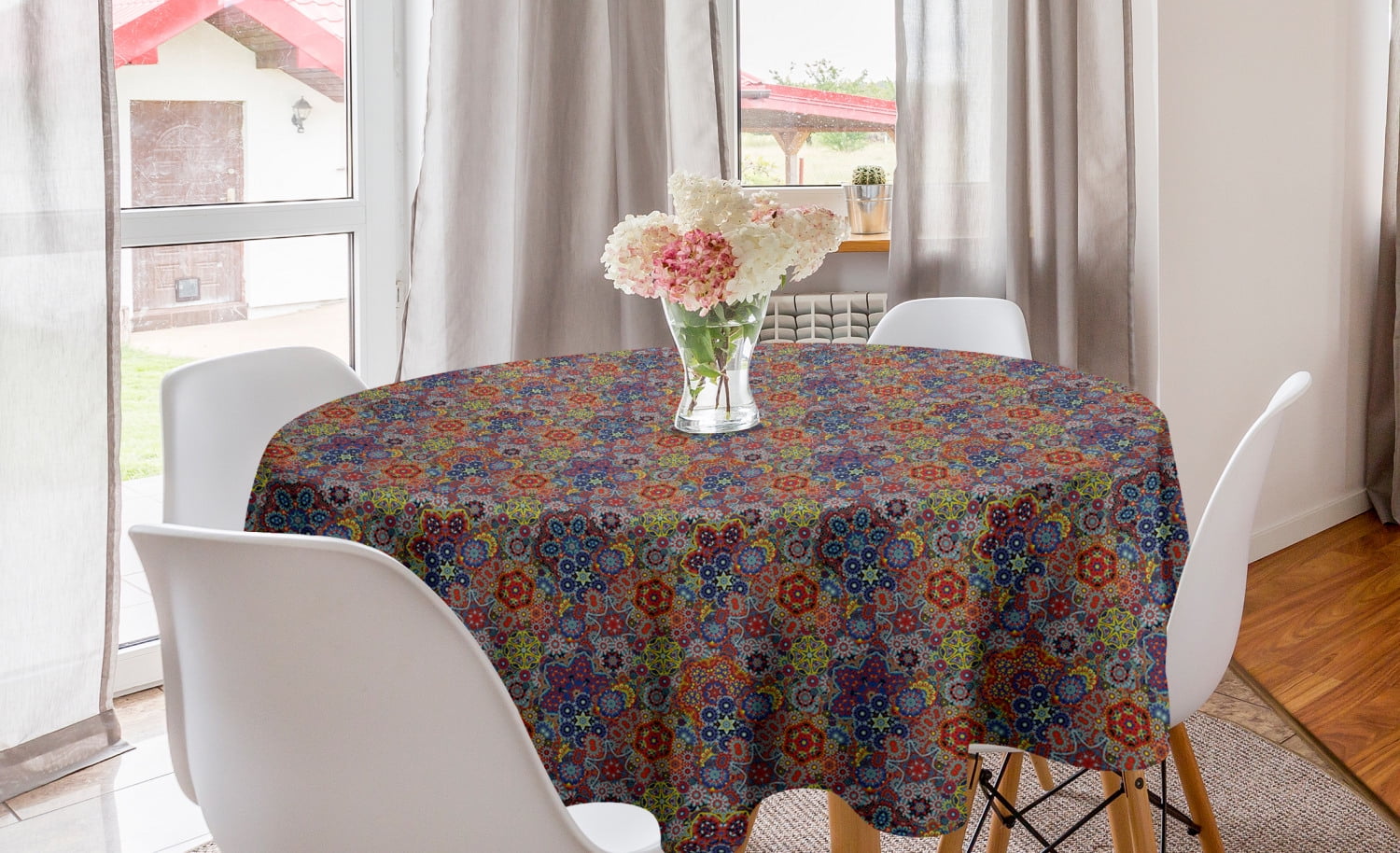 Batik Round Tablecloth, Vintage Combined Nested Paisley Motif Oriental ...