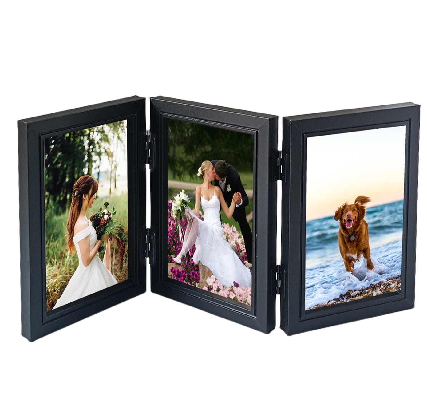 Tabletop Picture Frame Wood Trifold Hinged Photo Frame with 3 Openings ...