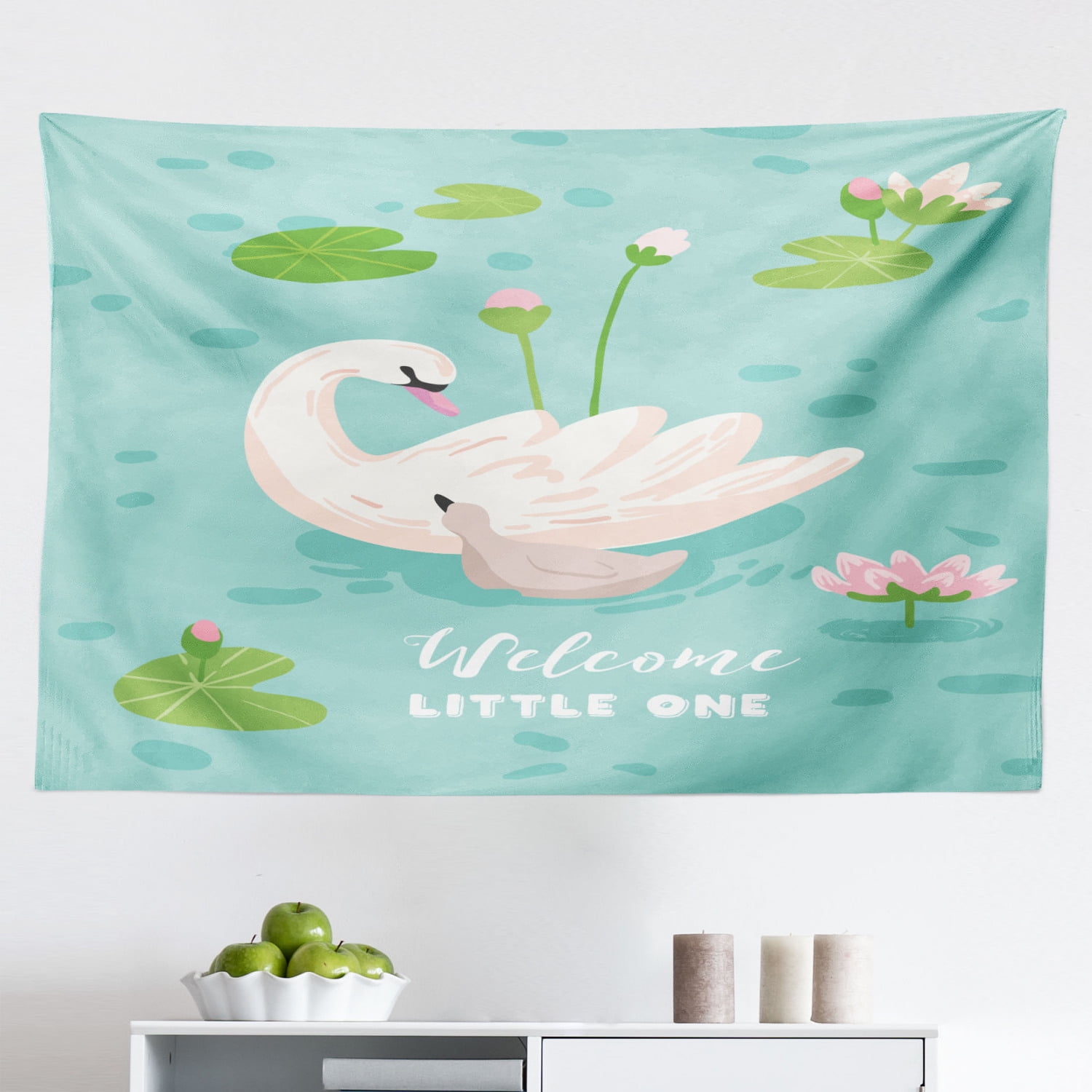 Swans Tapestry, Repetitive Aquatic Royalty Bird with a Crown, Fabric ...