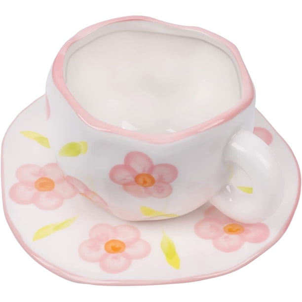 Ceramic Coffee Mug, Cute Pink Flowers Cup with Saucer for Office , 10 ...